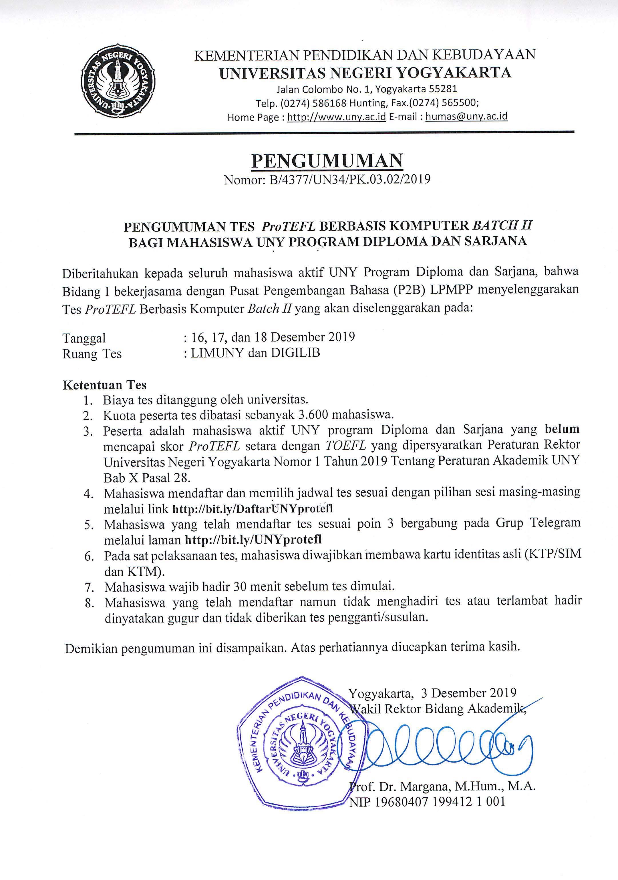 Pengumuman Tes ProTEFL Berbasis Komputer BATCH II Bagi Mahasiswa UNY ... Pengumuman Tes ProTEFL Berbasis Komputer BATCH II Bagi Mahasiswa UNY ...